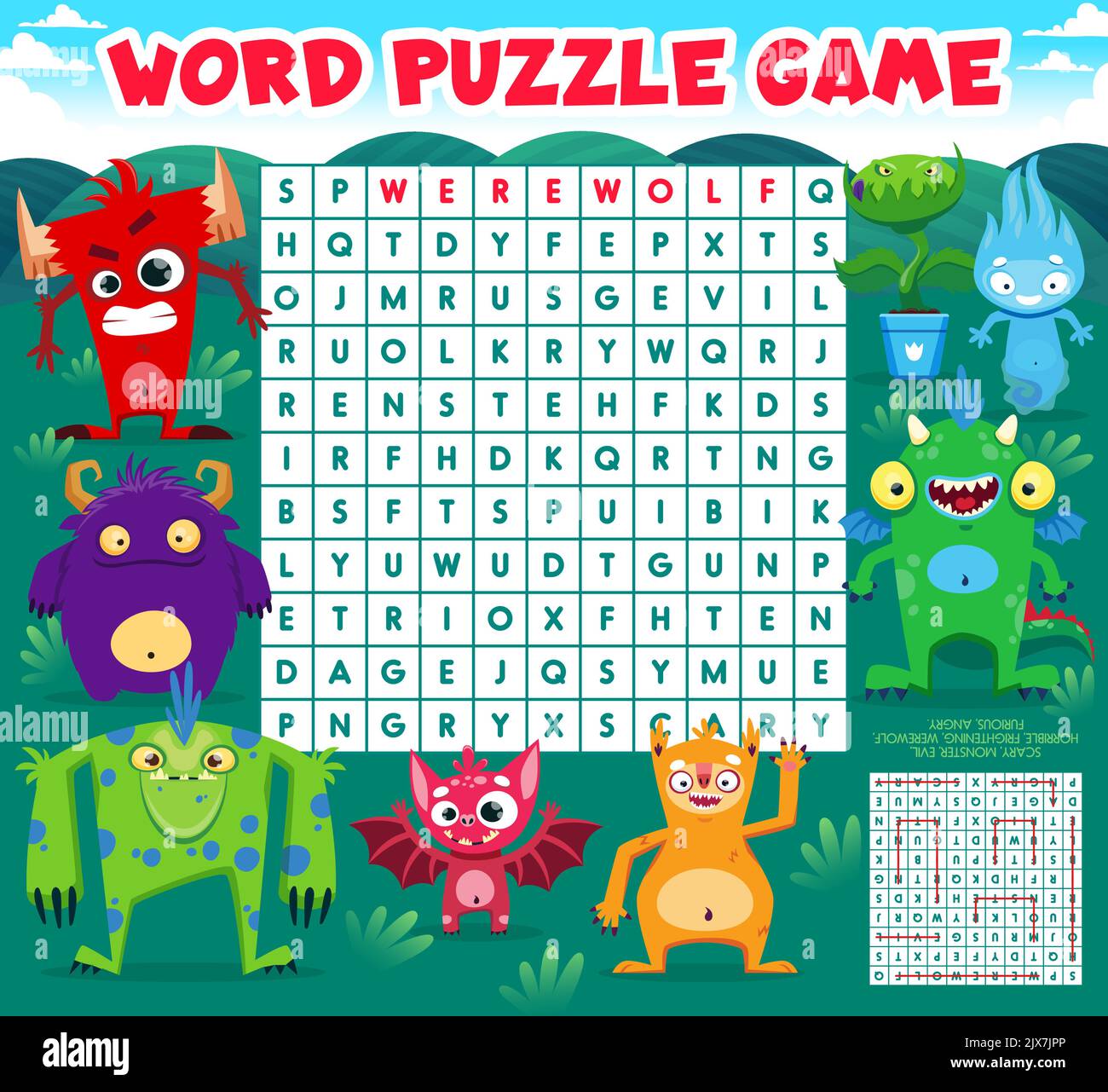 Word search puzzle game. Cartoon monster characters. Word search quiz ...