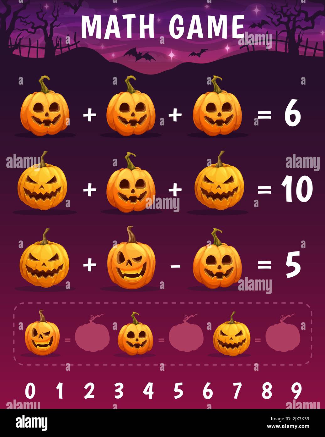 Cartoon Halloween pumpkin characters. Math game worksheet. Children ...