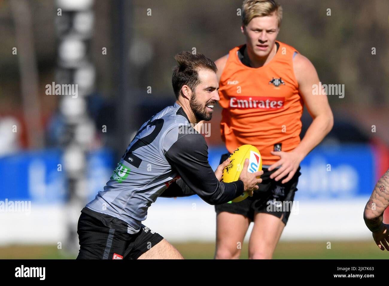 Collingwood Magpies player Steele Sidebottom takes part in a team ...