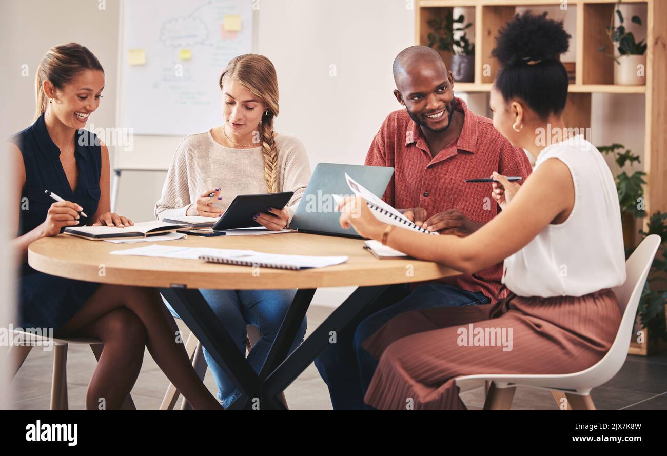 Corporate team, brainstorming and meeting table for idea collaboration ...