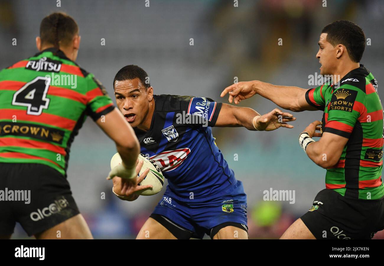 William Hopoate of the Bulldogs looks for a break during their round 23 ...