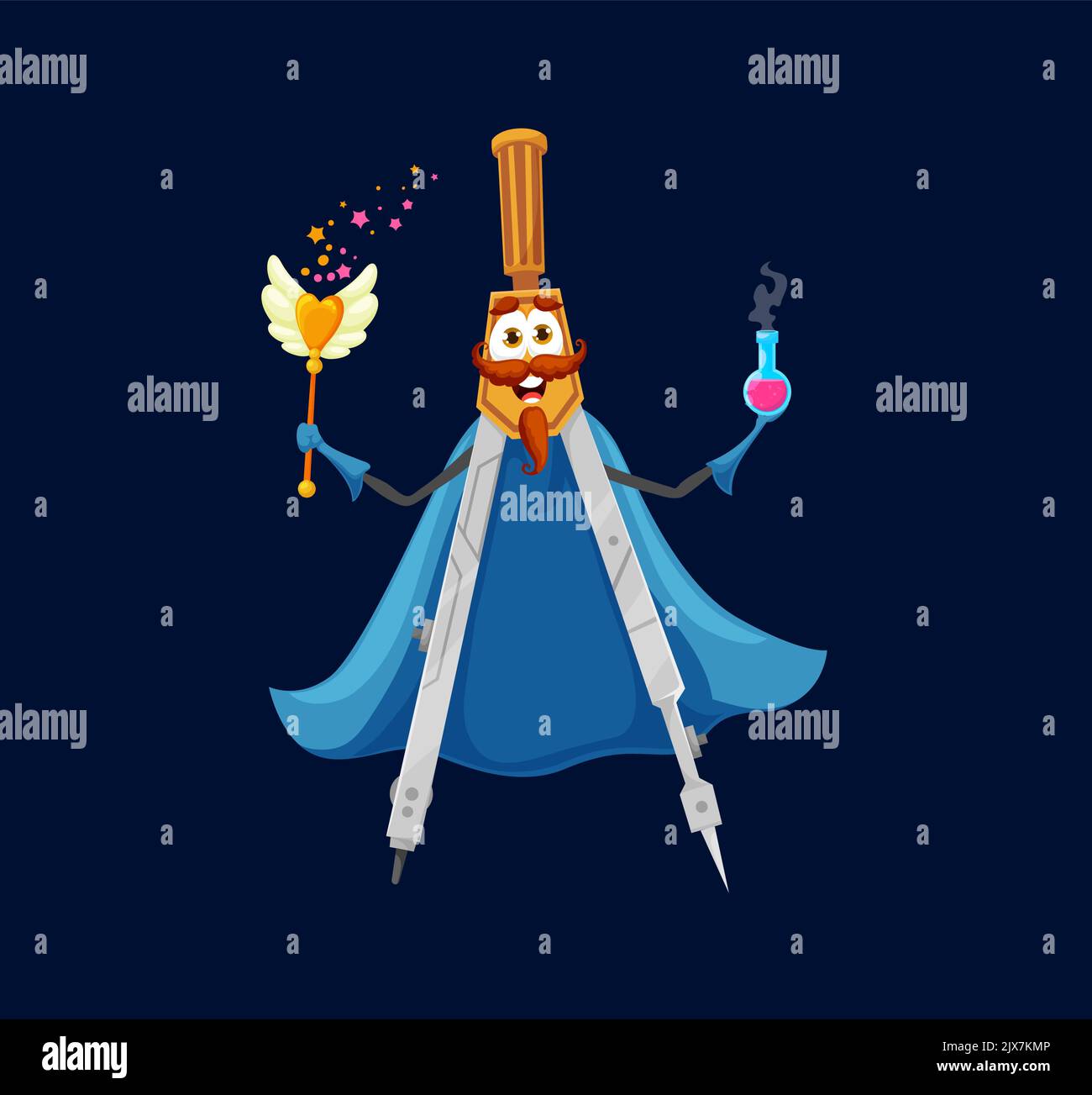 Cartoon school compass pair mage, wizard or warlock character. Vector ...