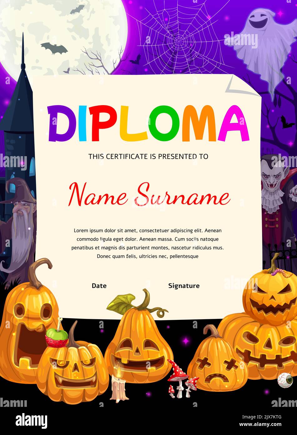 Kids diploma. Cartoon Halloween pumpkin lanterns, ghosts, wizard and ...