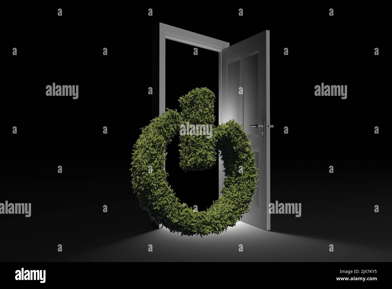 Logout symbol of topiary at doorway against black ground Stock Photo ...