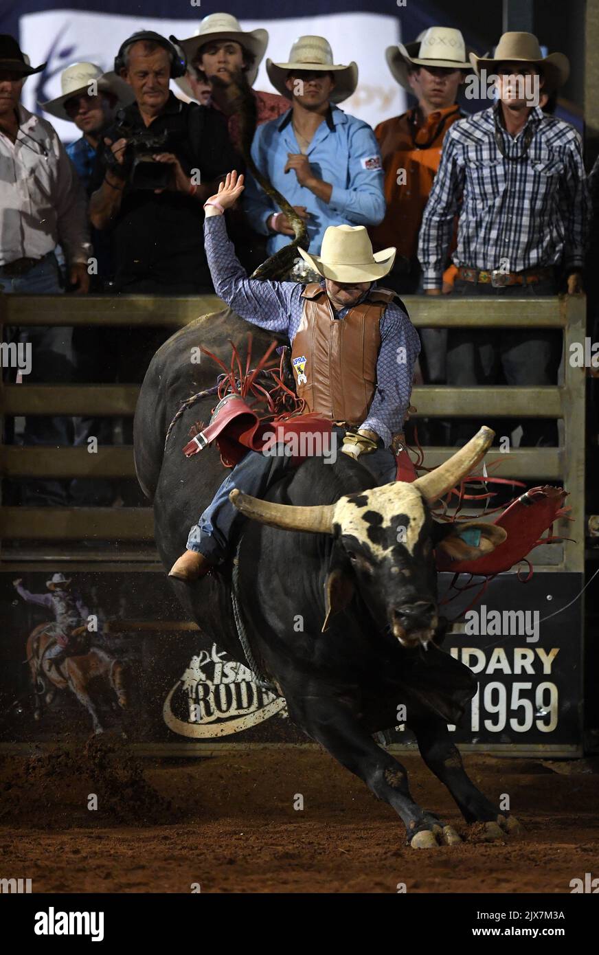 Steven Carter competes in the Bull Ride category at the Mount Isa Rodeo ...