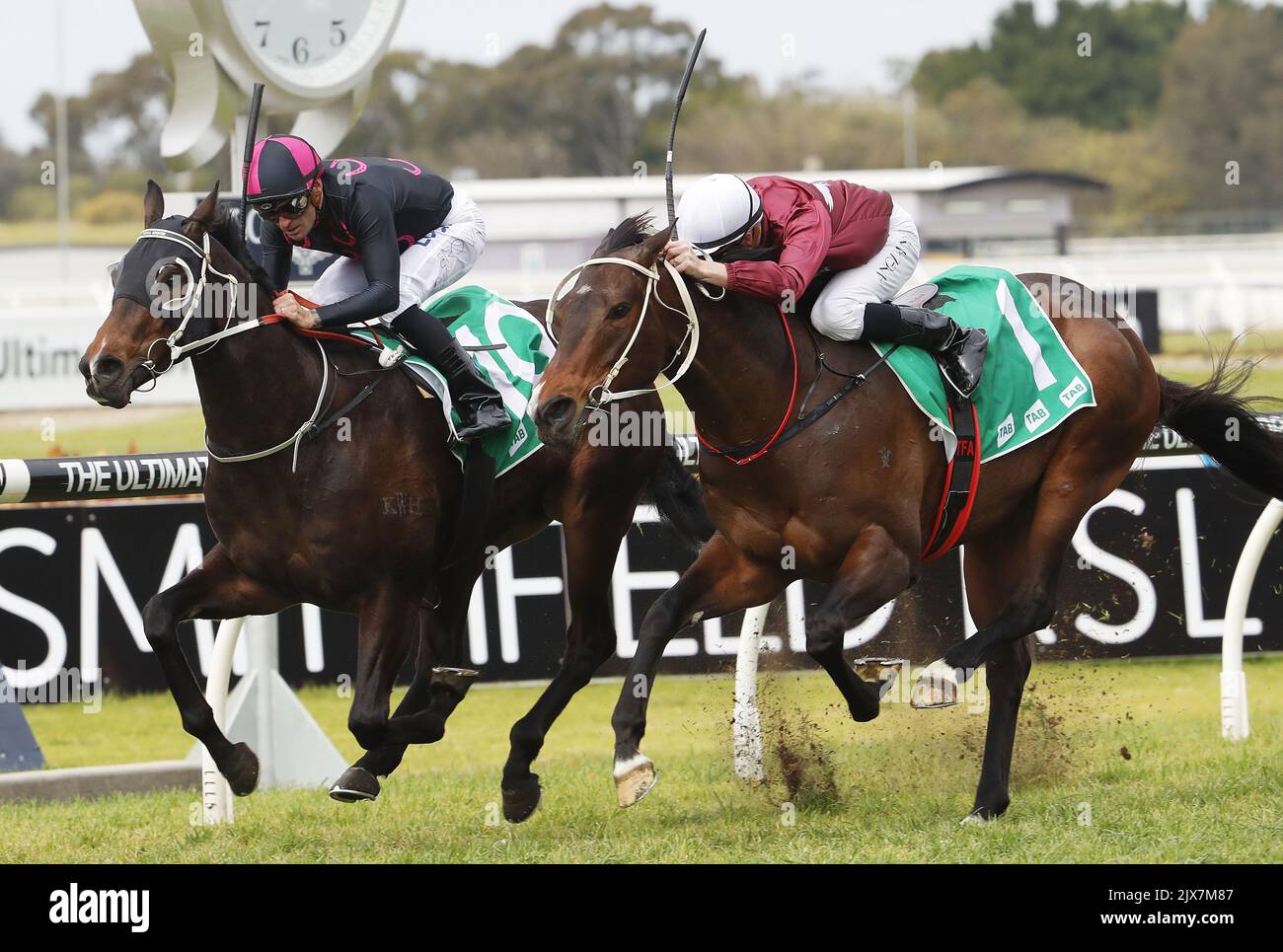 Jockey Corey Brown rides Another Sin (left) to win Race 1: TAB Highway ...