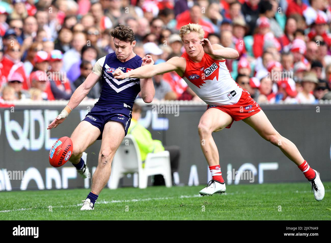 Nick Suban of the Dockers (left) and Isaac Heeney of the Swans during ...