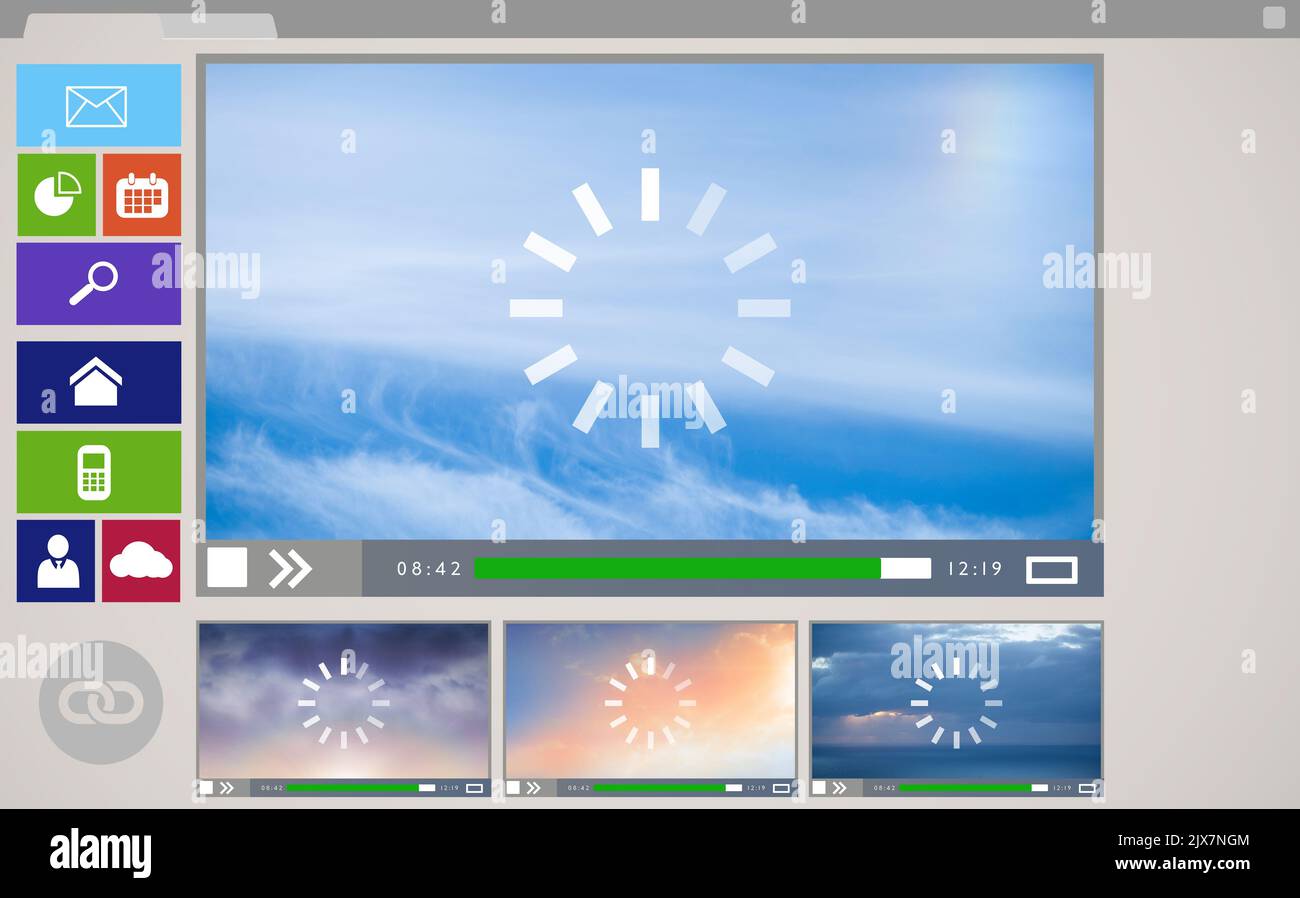 Illustration of various video and computer icons displayed on device ...