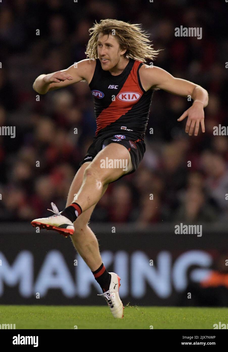 Dyson Heppell of the Bombers kicks during the Round 21 AFL match ...