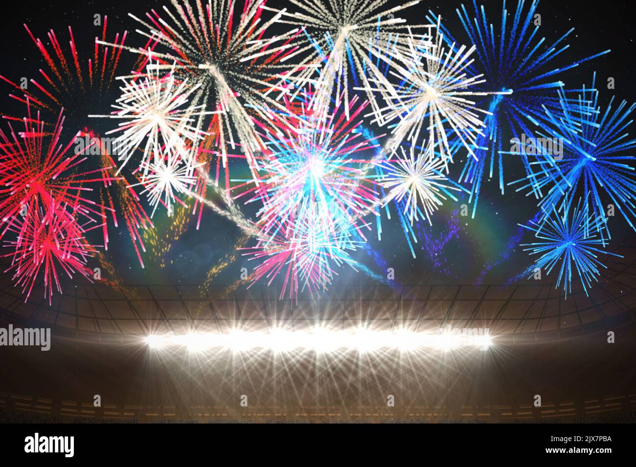 Digitally generated fireworks exploding over football stadium Stock ...