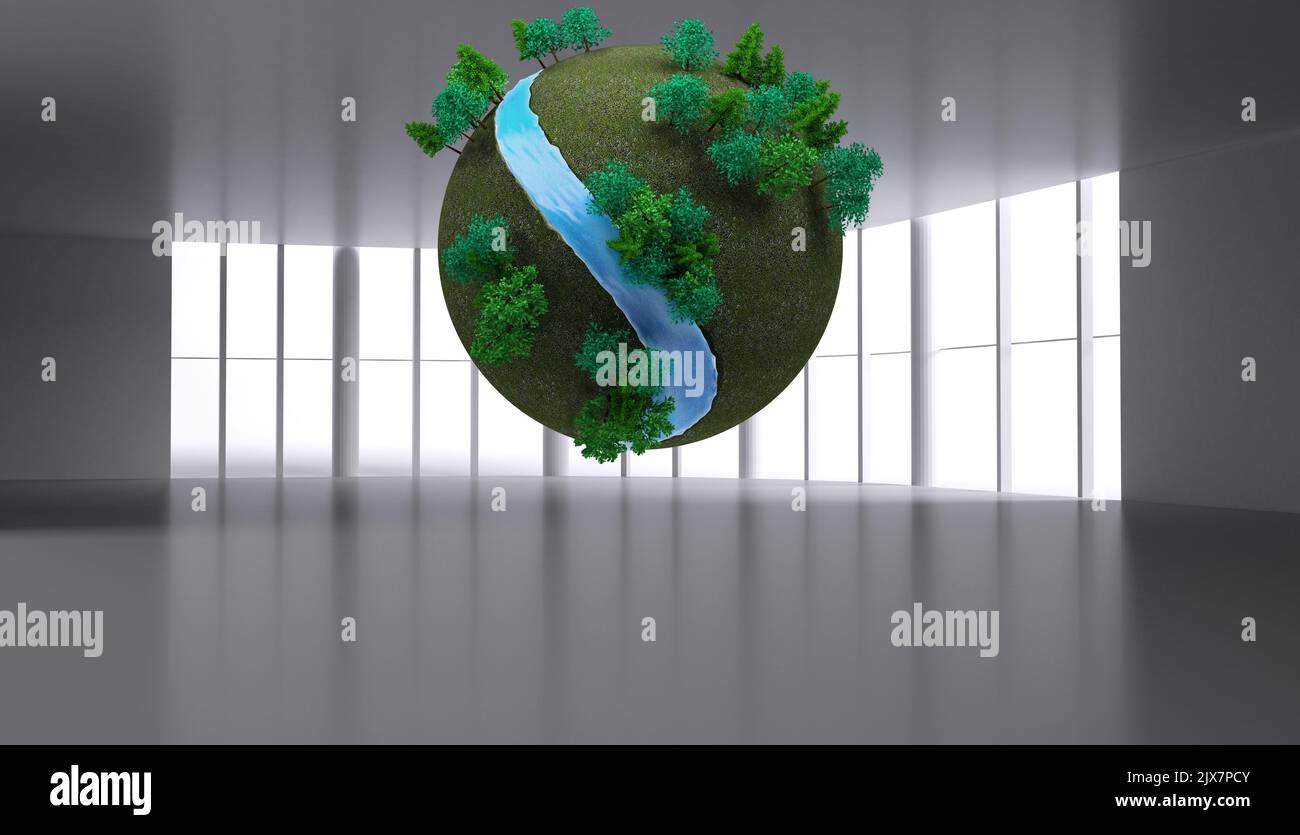 Earth with trees floating in dark room Stock Photo - Alamy