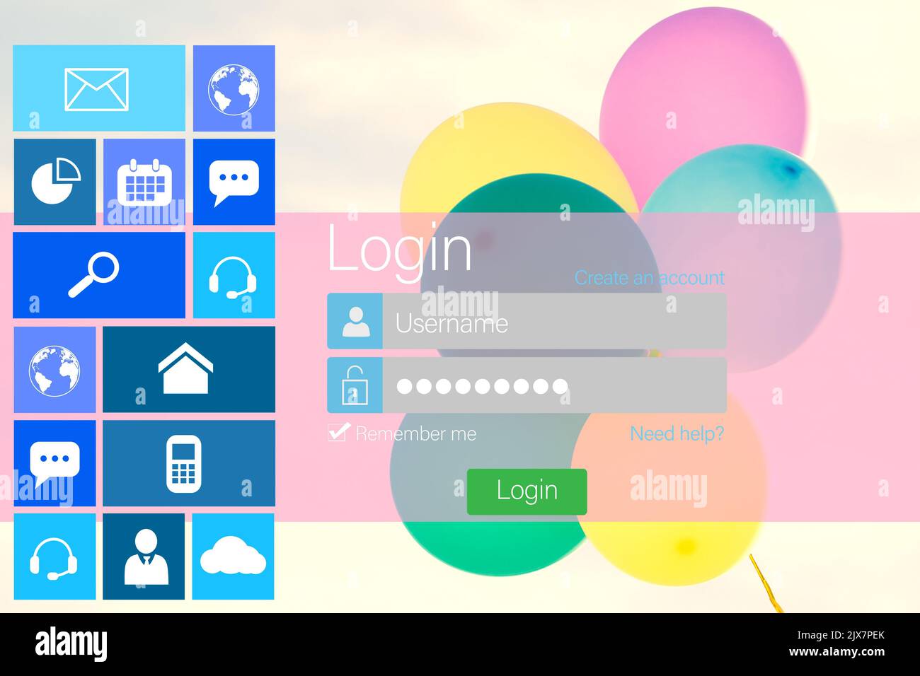 Digitally composite image of login page with various icons on device ...