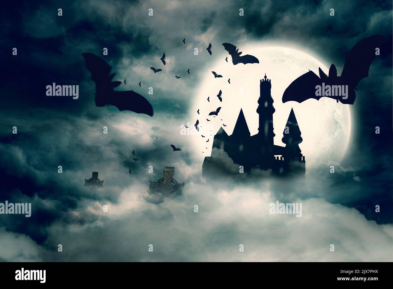 Spooky castle in storm bats hi-res stock photography and images - Alamy