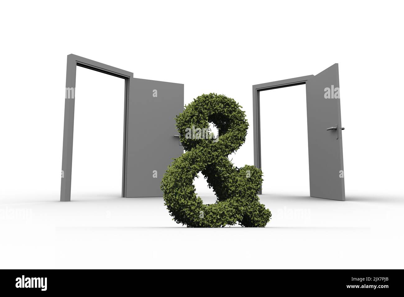 Ampersand of topiary in middle of open doors against white background ...