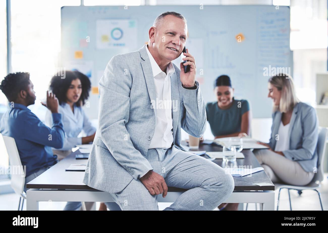 Leadership, phone call and communication while a ceo sit in a meeting ...