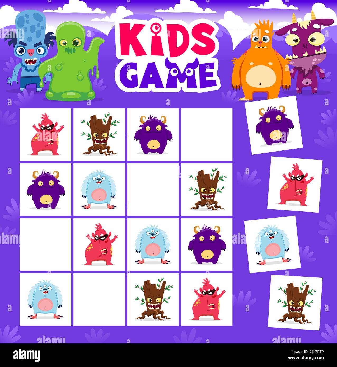 Sudoku kids game. Cartoon monster characters. Child rebus puzzle or ...