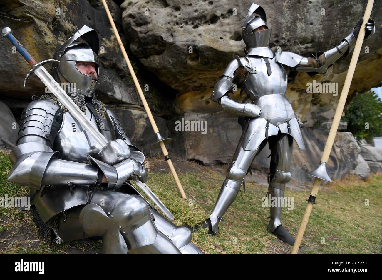 Medieval jousters Andrew McKinnon, (left), and Luke Binks pose for a ...