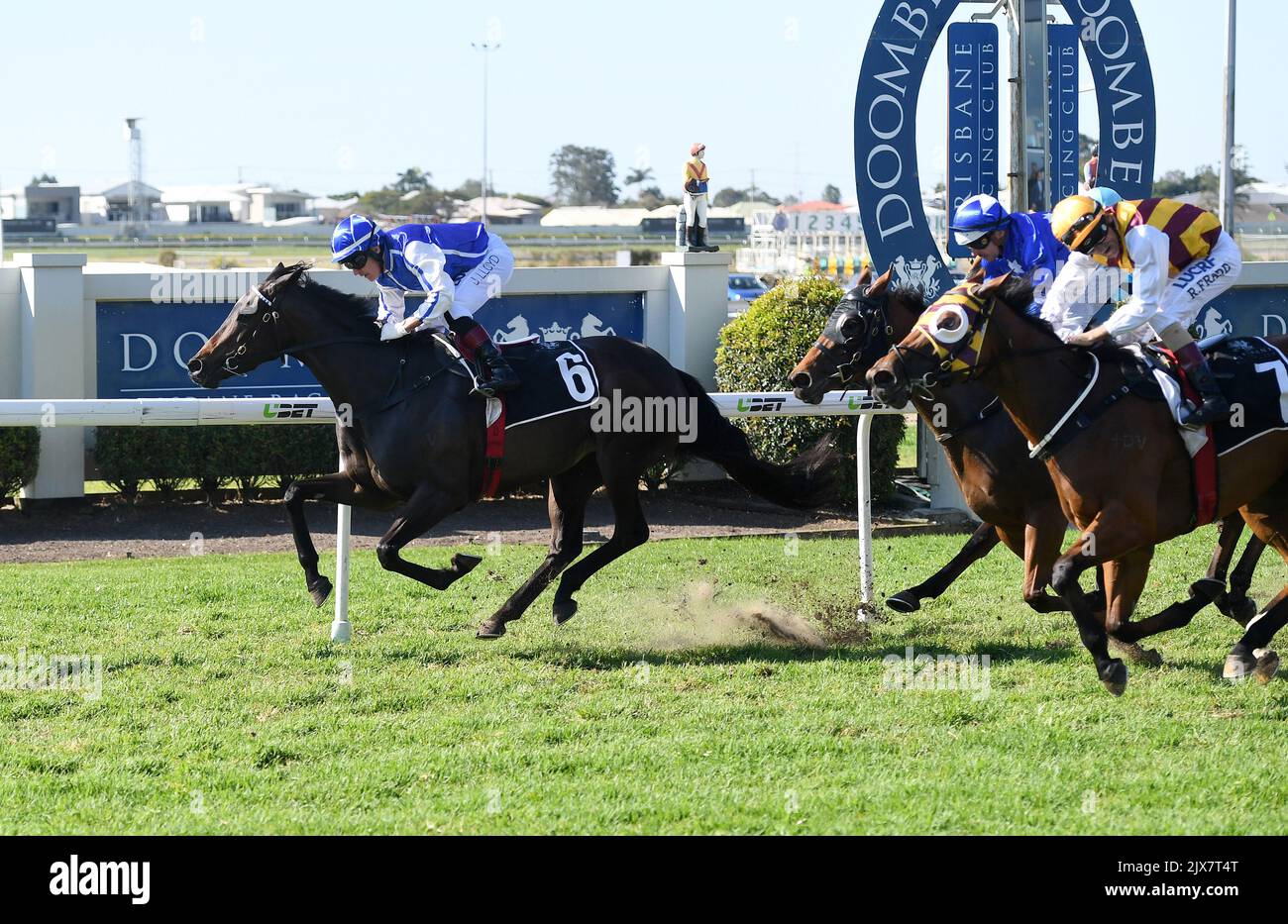 Jockey Jeff Lloyd (left) rides Plucky Girl to win race 4, the Fillies ...