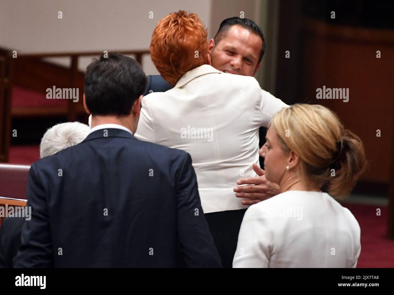 One Nation leader Senator Pauline Hanson hugs One Nation Senator Peter ...