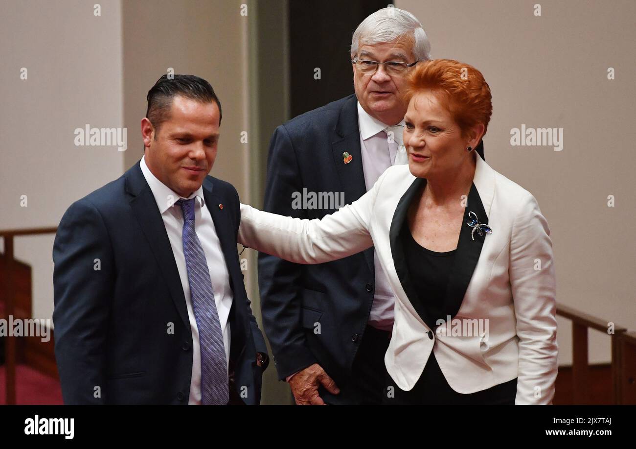 One Nation leader Senator Pauline Hanson pats (R) One Nation Senator ...