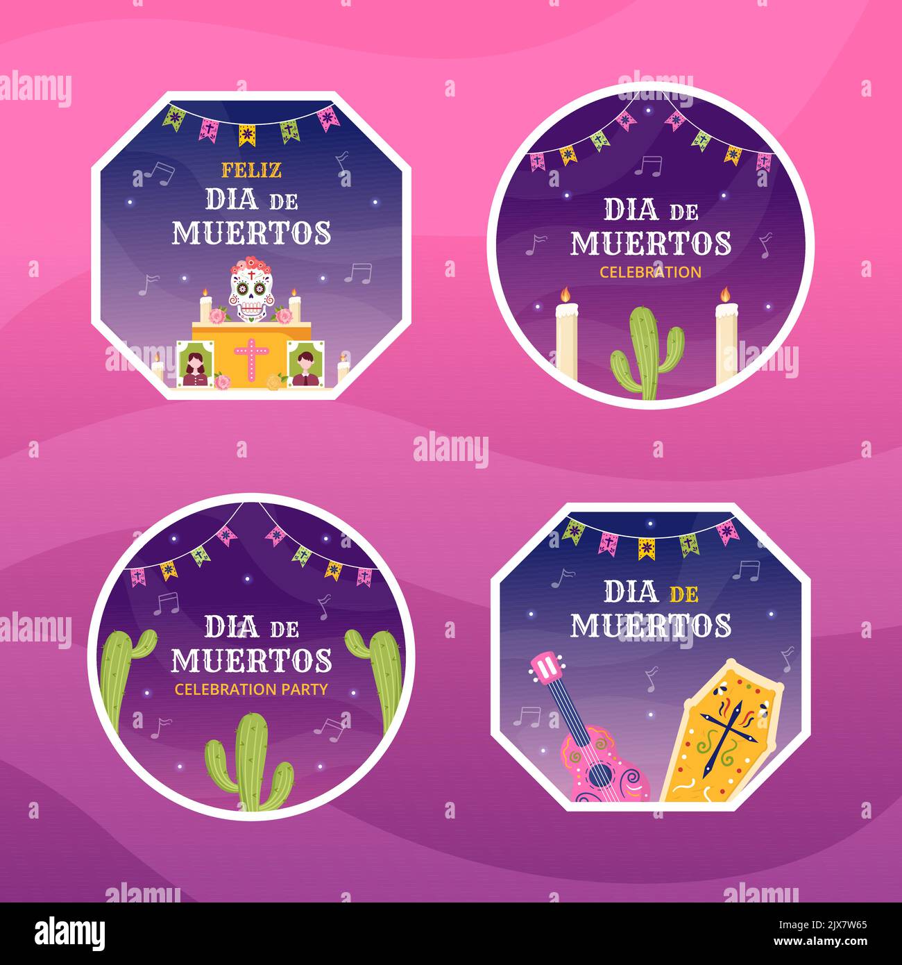 Dia De Los Muertos or Day of the Dead Label Template Hand Drawn Cartoon ...