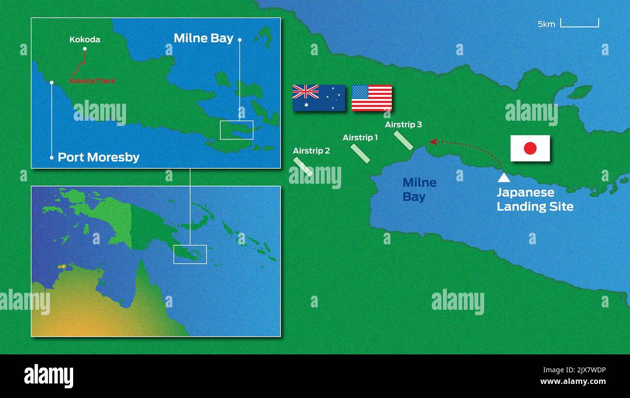 Graphic showing locations relating to the battle of Milne Bay, Part of ...