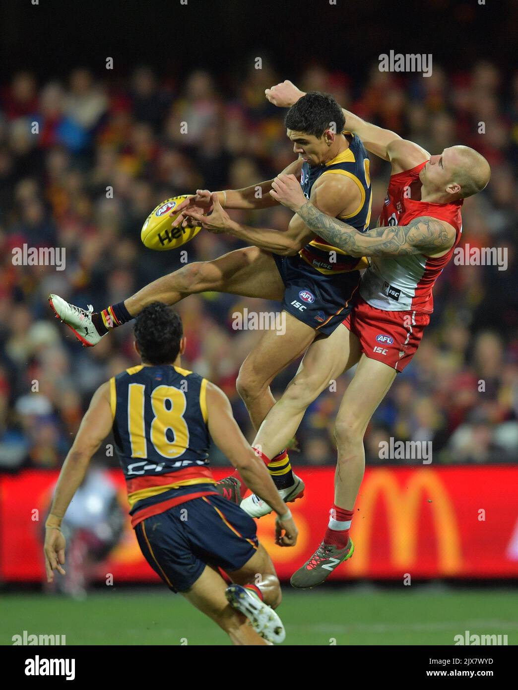 Charlie Cameron of the Crows and Zak Jones of the Swans contest the ...
