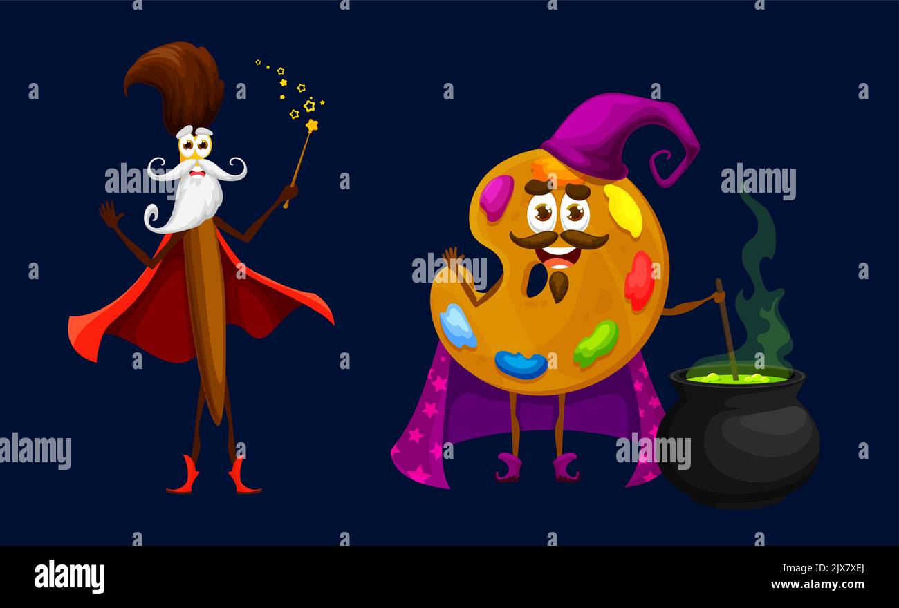 Cartoon school brush and color palette wizard, mage or warlock ...