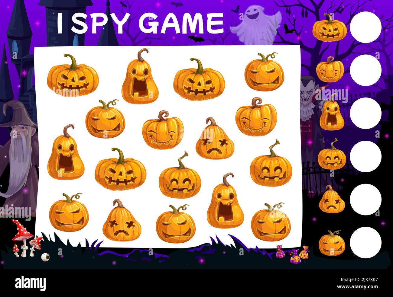 I spy game. Cartoon Halloween eerie pumpkins. Children calculation ...