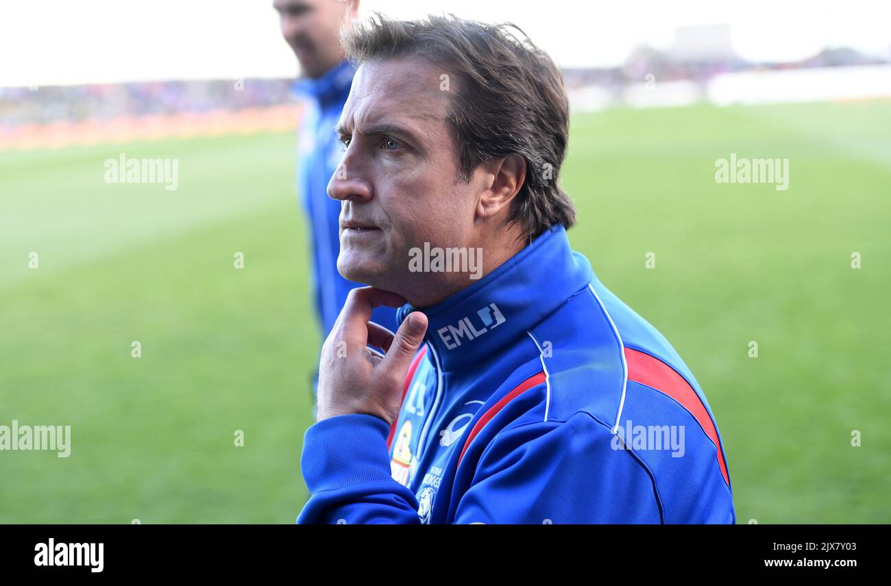 Coach of the Bulldogs Luke Beveridge is seen after the Round 22 AFL ...