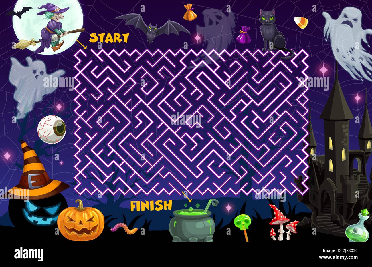 Halloween labyrinth maze. Vector kids riddle, boardgame worksheet with ...