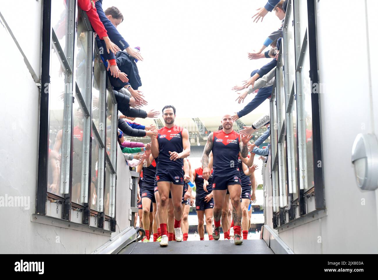 The Demons celebrate after their win in the round 22 Melbourne Demons ...