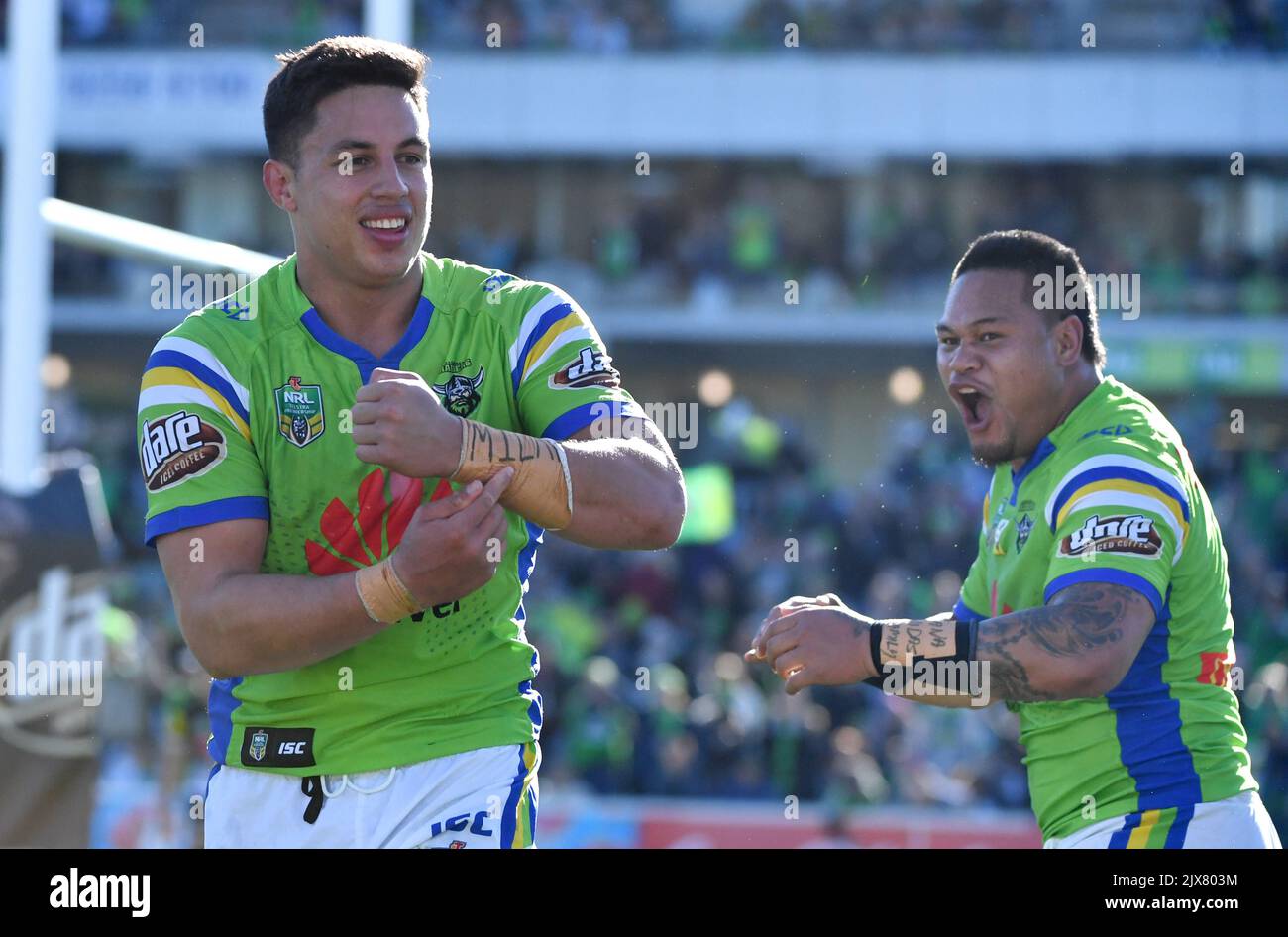 Nick Cotric of the Raiders celebrates after scoring a try during the ...