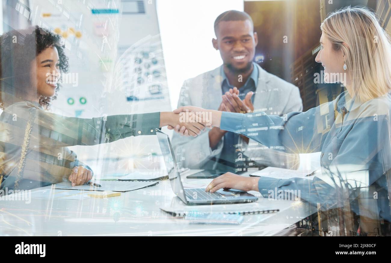 Business meeting, women and handshake together after onboarding ...