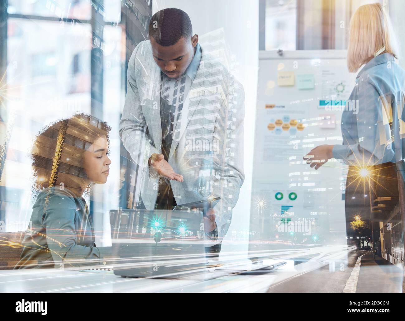 Presentation, digital marketing or business team in office with ...