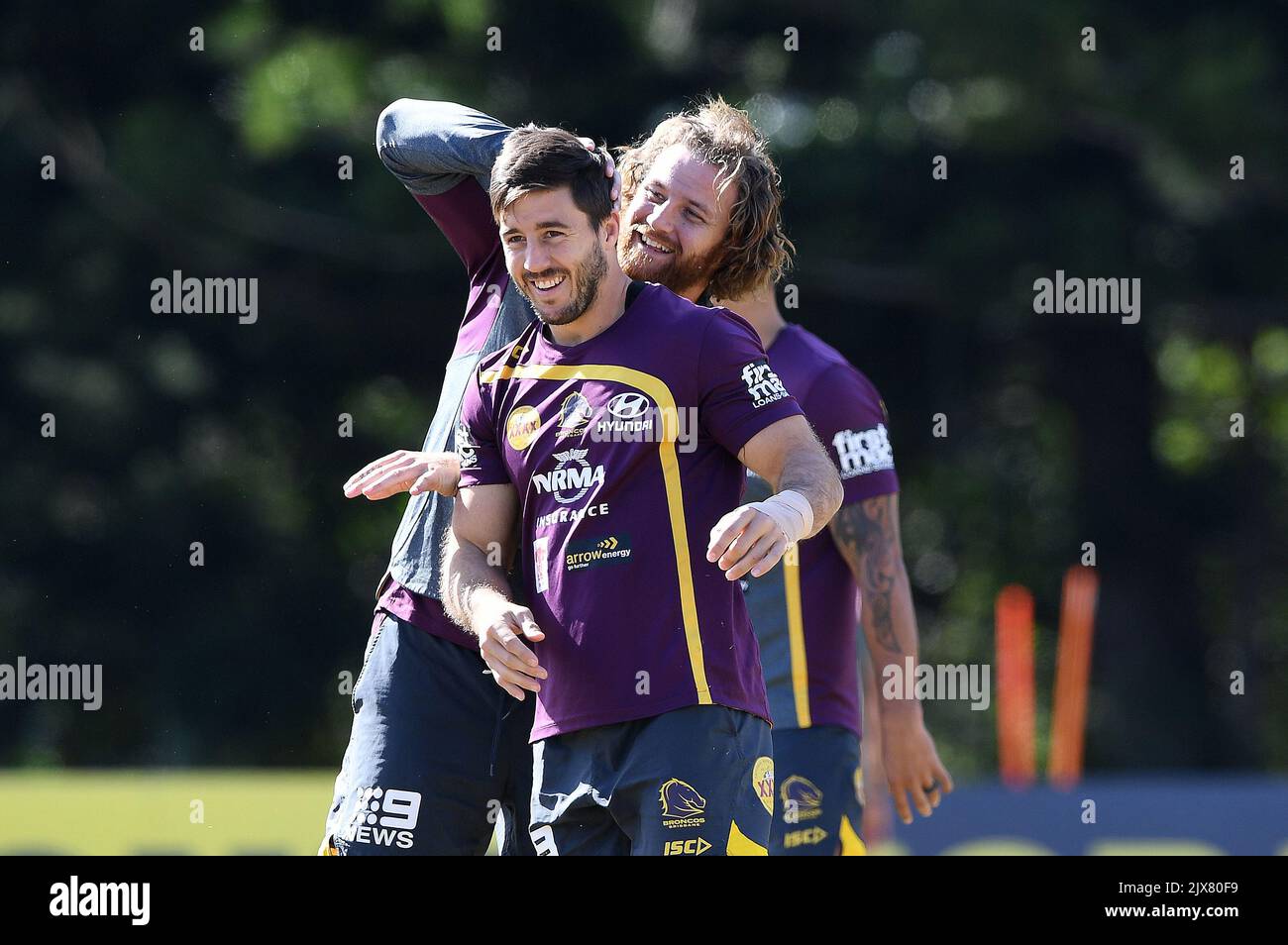 Ben Hunt (right) and Korbin Sims during the Brisbane Broncos training ...
