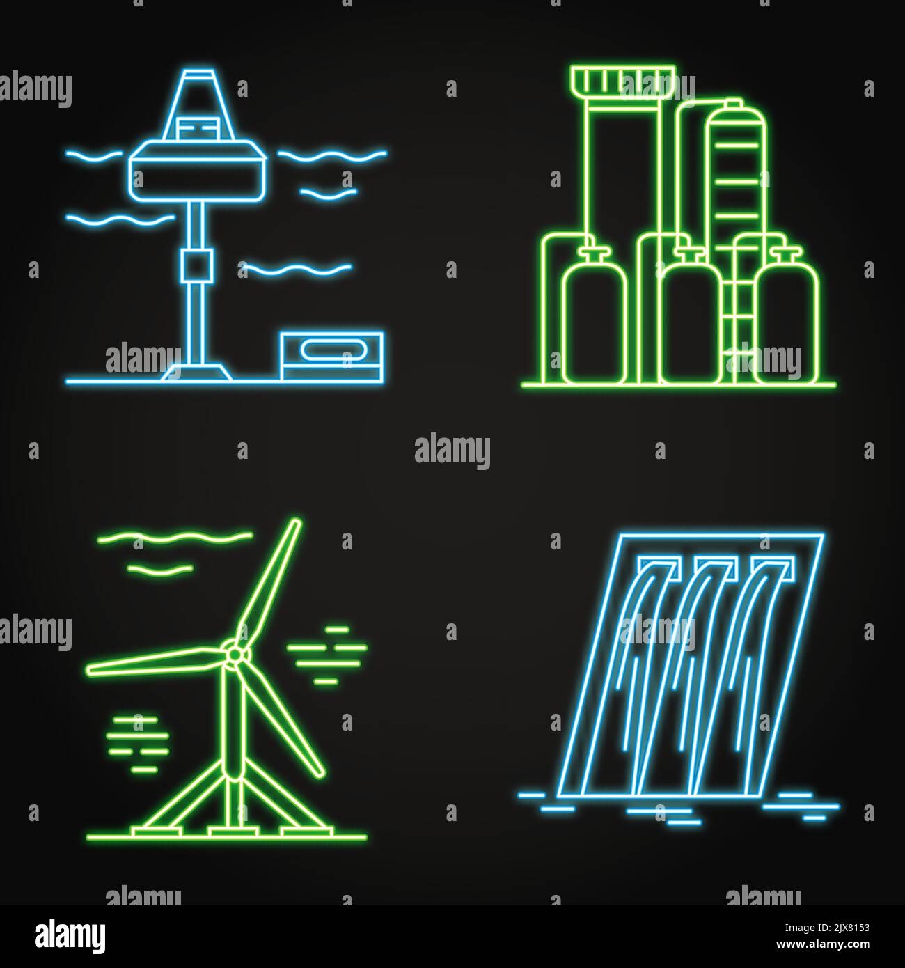 Renewable energy production neon icon set. Wave energy, hydrogen plant ...
