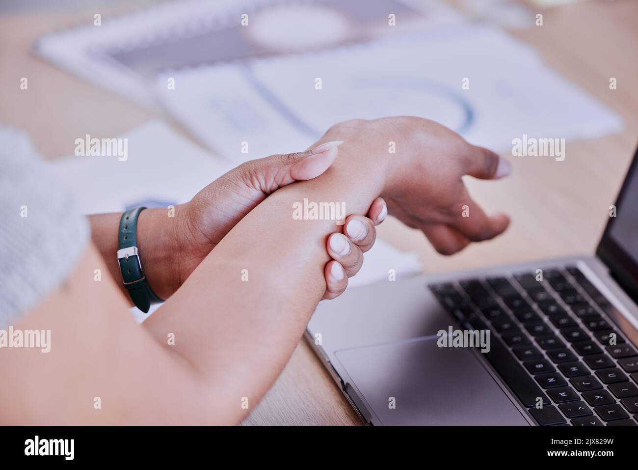 Business woman with carpal tunnel wrist pain, arthritis or muscle spasm ...