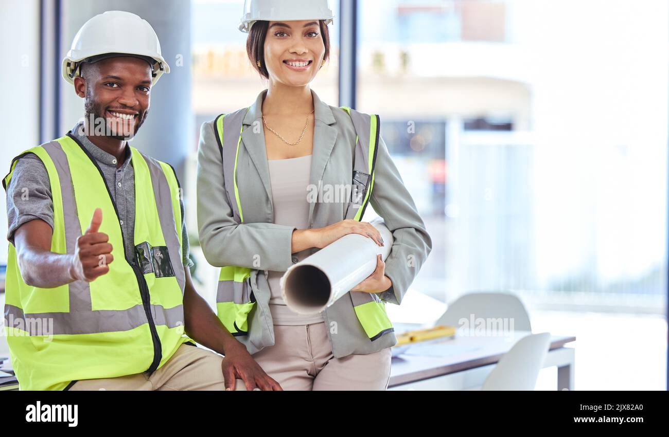 Collaboration, teamwork and thumbs up by construction workers planning ...