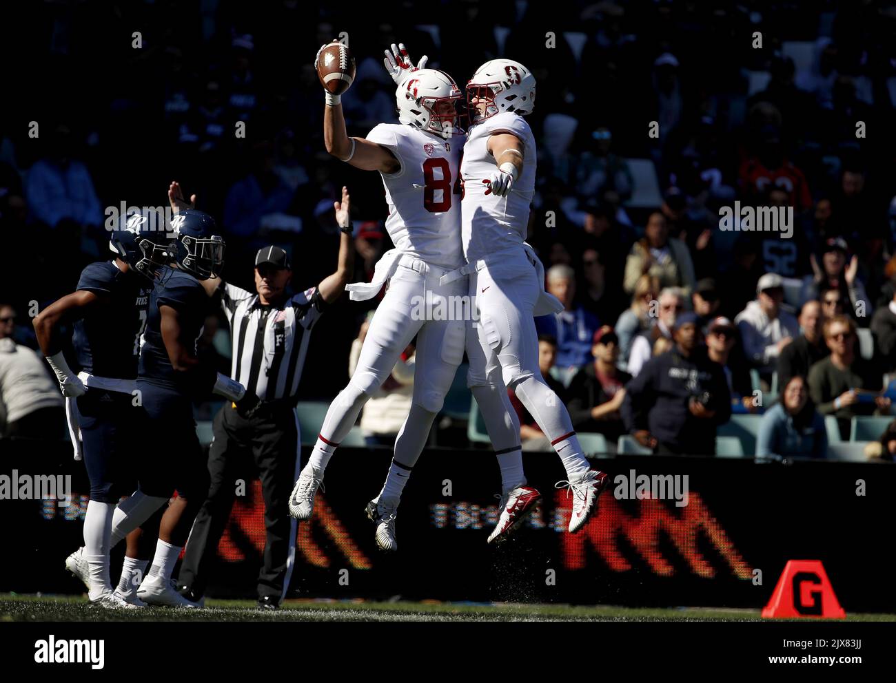 Colby Parkinson of the Stanford Cardinal celebrates with teammate ...