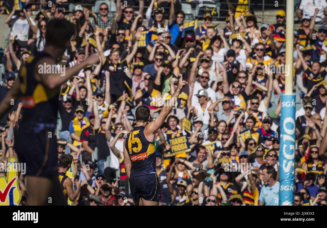 Jamie Cripps of the West Coast Eagles celebrates a goal during the ...