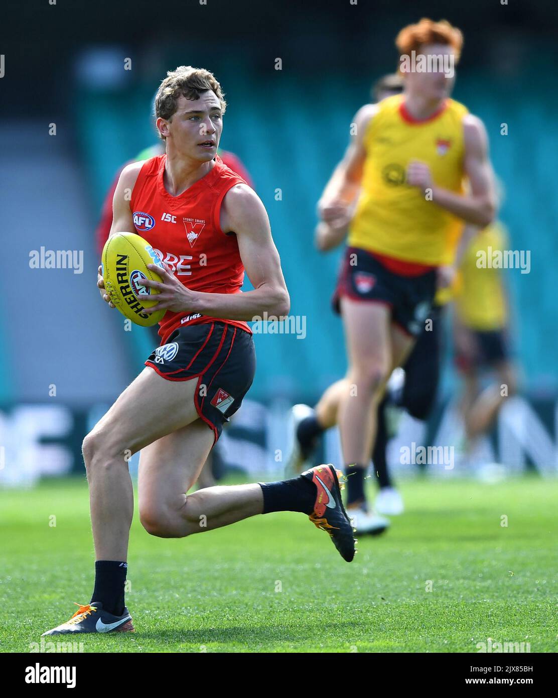 Will Hayward of the Sydney Swans runs with a ball during a team ...