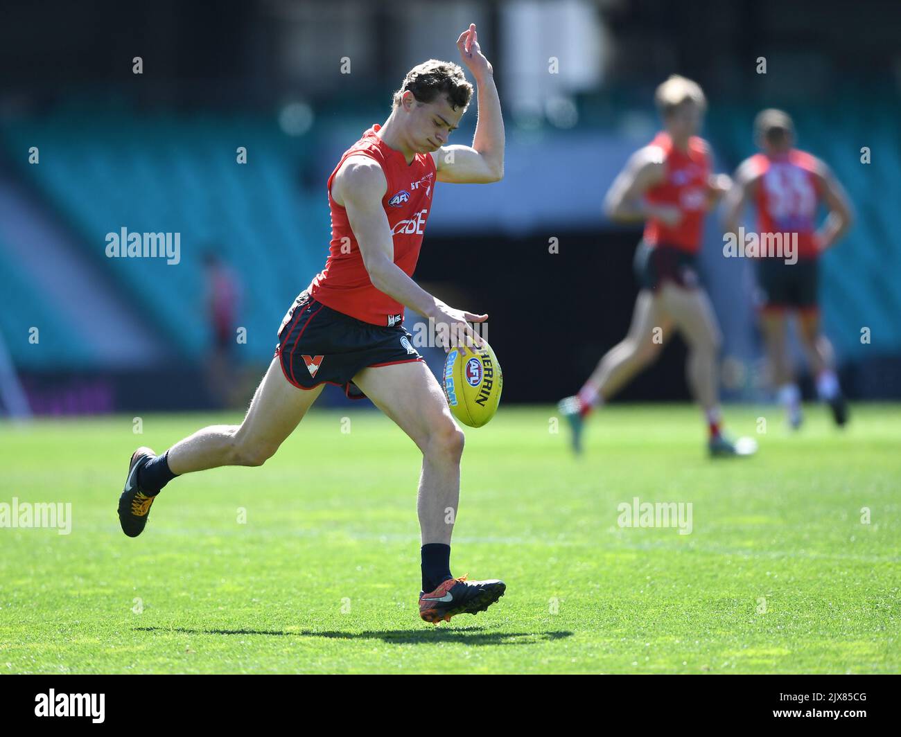 Will Hayward of the Sydney Swans kicks a ball during a team training ...