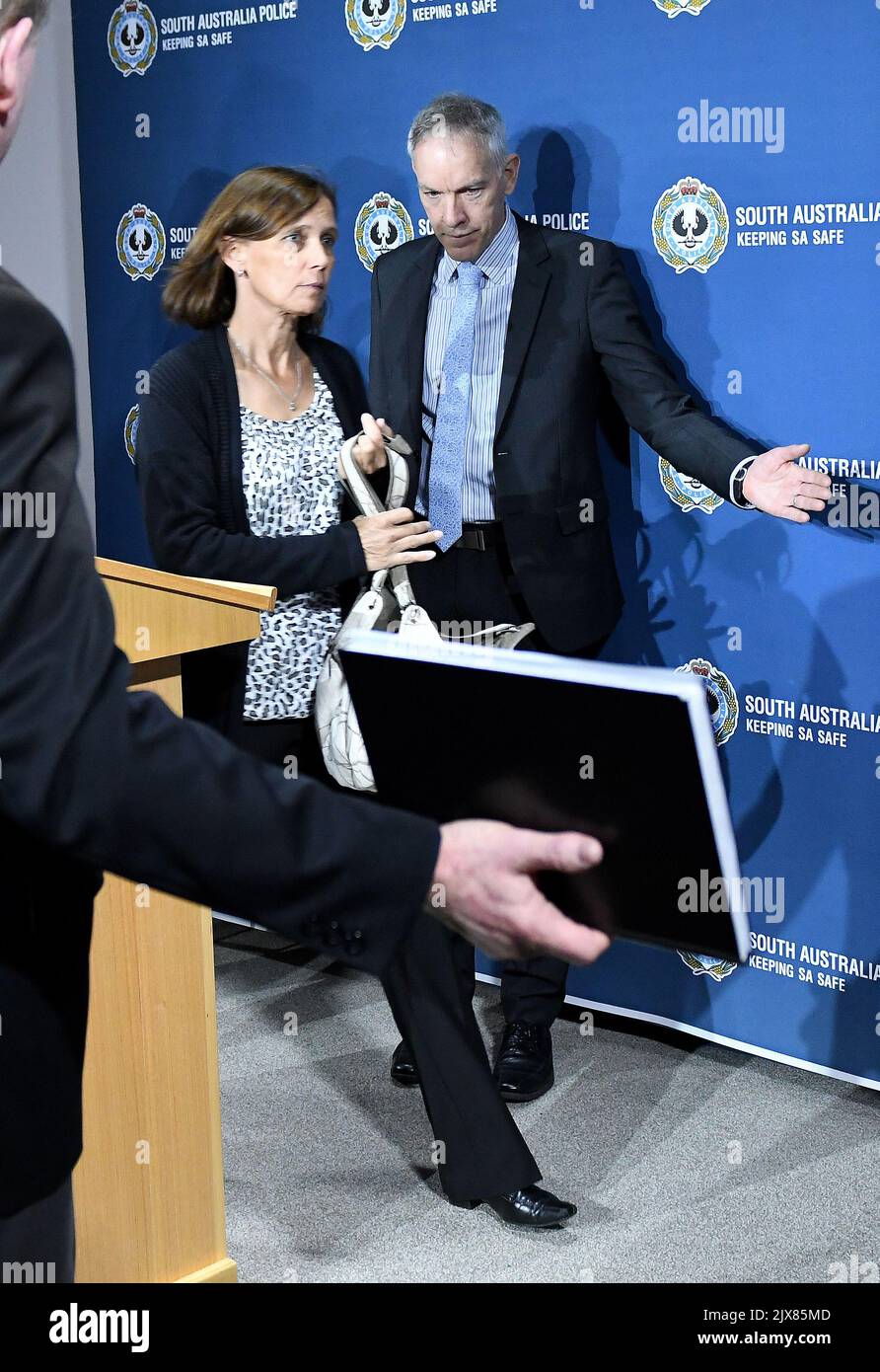 Andrea Ebert, mother of Tanja Ebert leaves a press conference at SA Police Headquarters, in ...