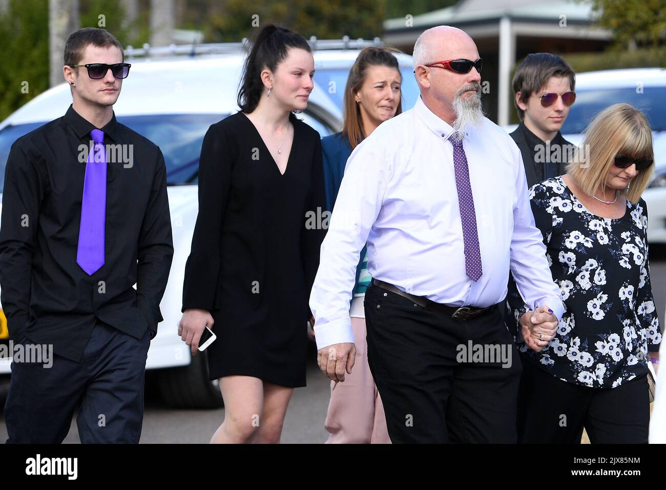 Lance and Rachael Rye (centre) arrive with family to the memorial service for Hannah Rye at Lake ...