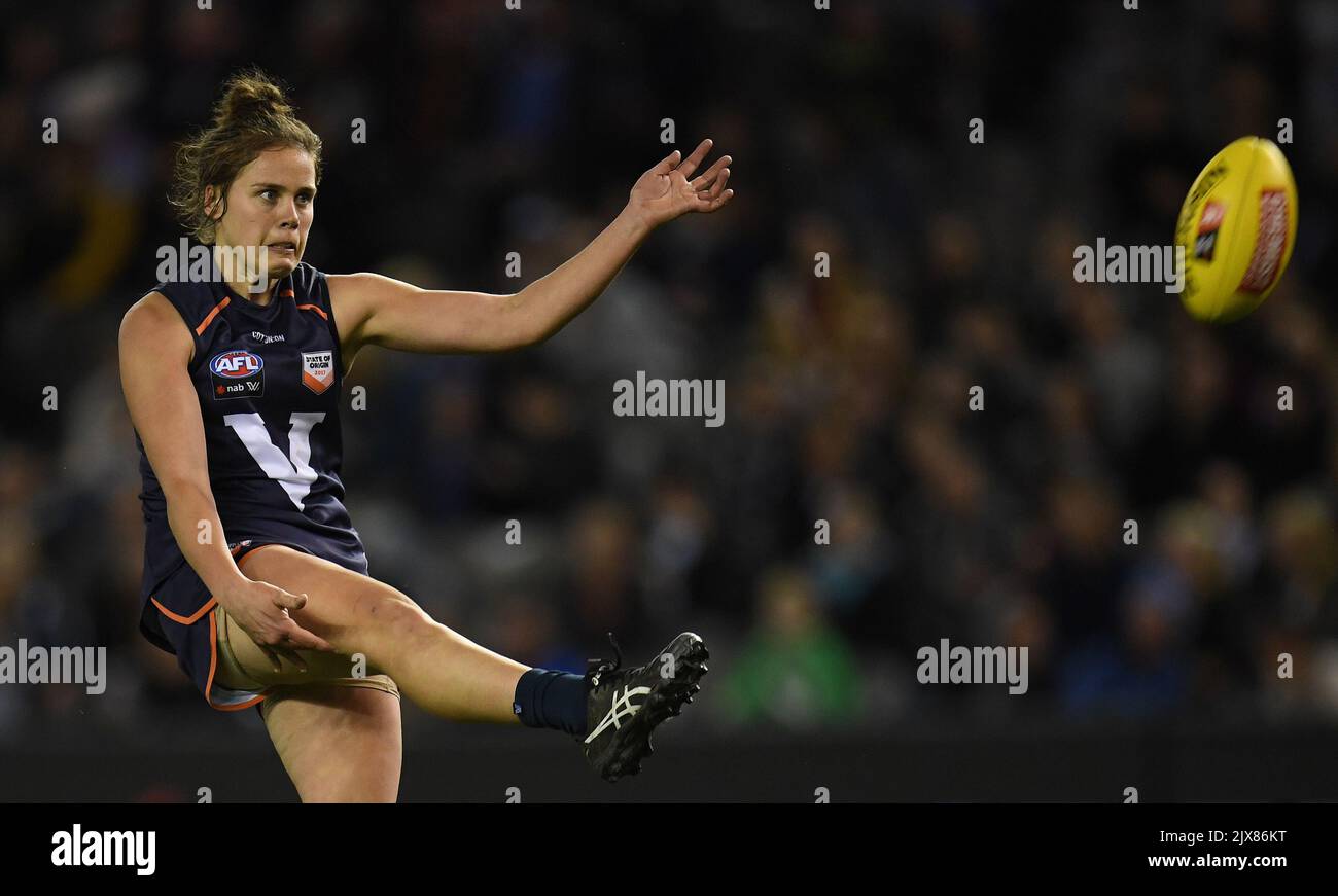 Jasmine Garner of Victoria kicks a goal during the AFLW State of Origin ...