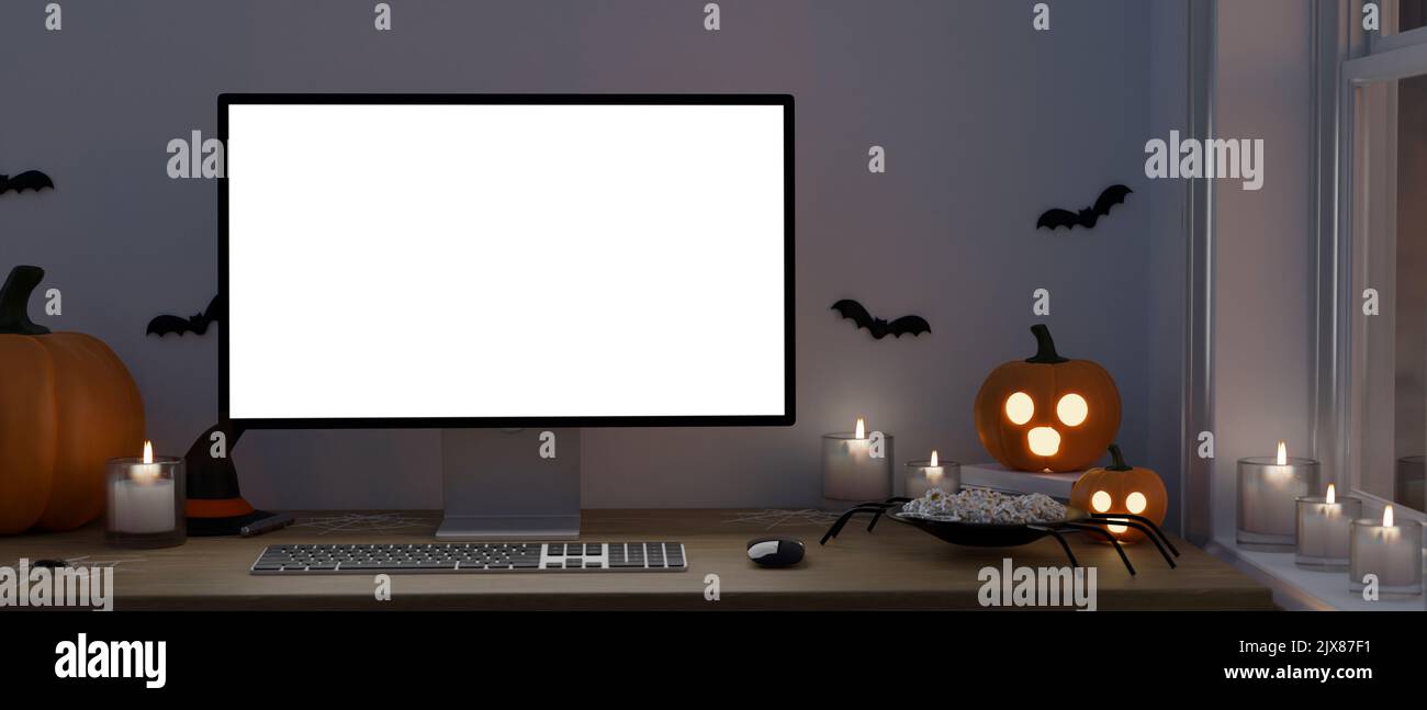 Modern dark office desk workspace with a Halloween theme, white PC ...