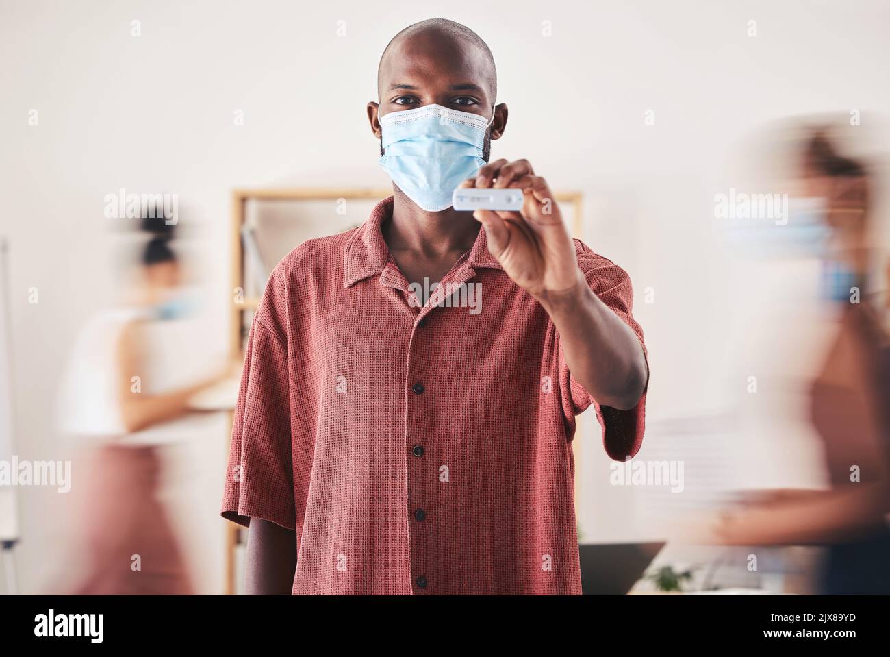 Covid, rapid antigen test and face mask while standing and showing ...