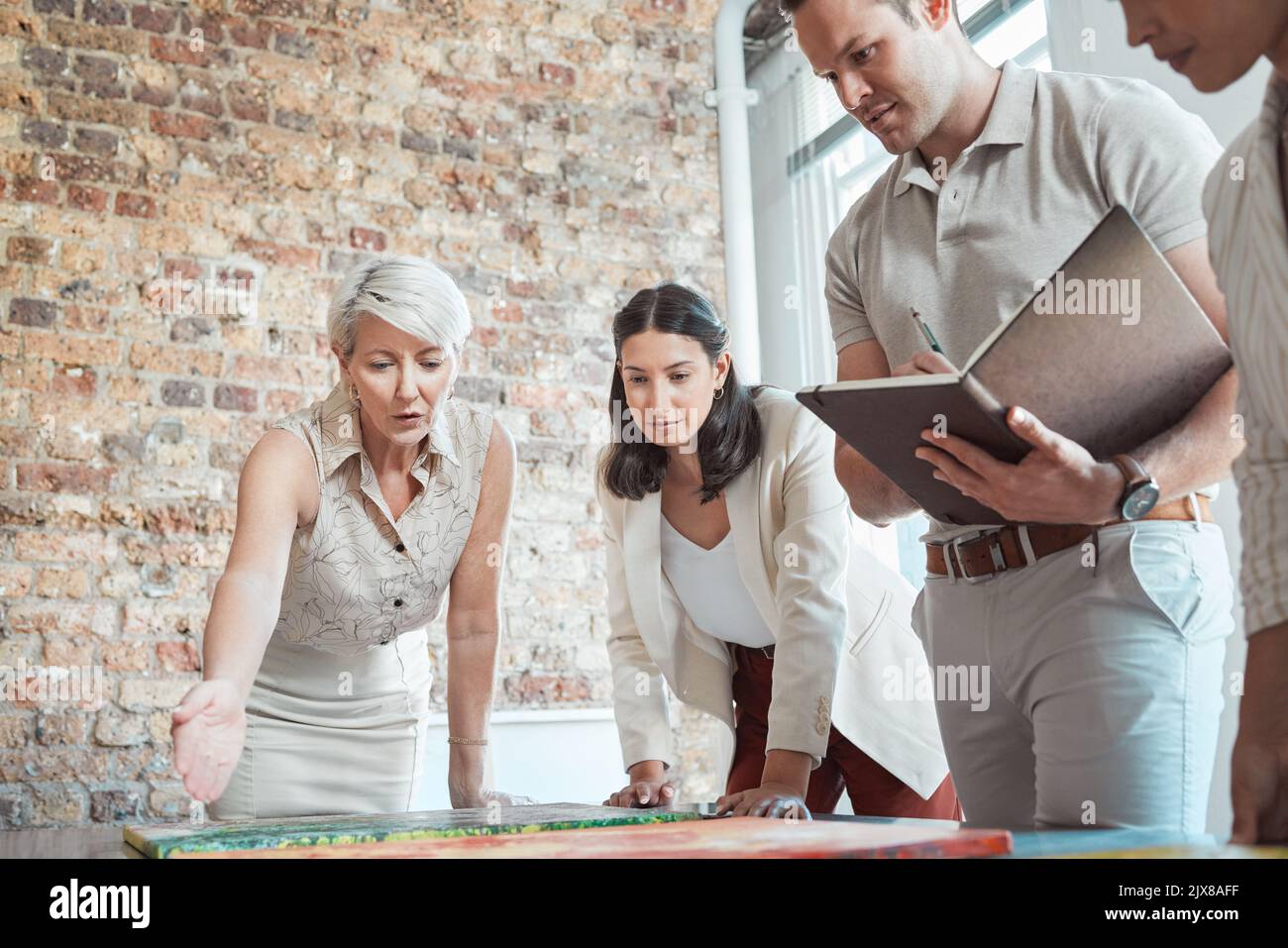 Leadership, teamwork and collaboration of art or painting team planning ...