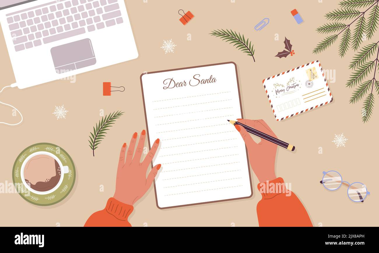 Woman write christmas letter to Santa Claus. Winter holiday wish list ...